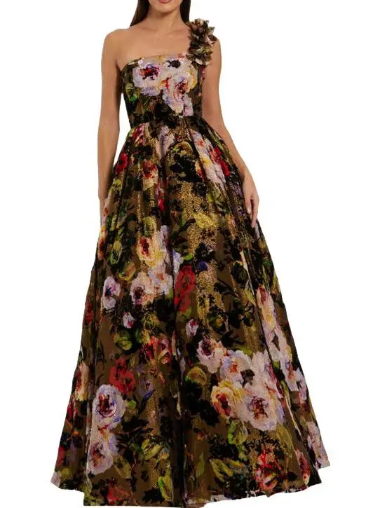 Mac Duggal One-shoulder Embossed Organza Gown With 3d Flower Detail - Black Multi