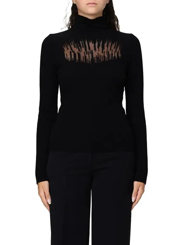 GENNY Ribbed Knit Turtleneck With Sheer Panel - Black