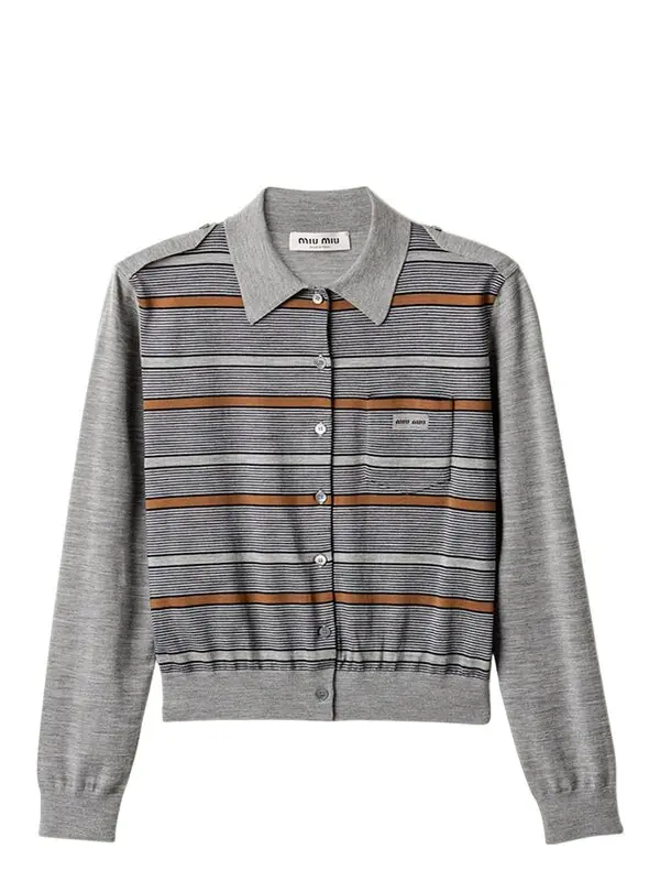 Miu Miu Striped Polo Cardigan - Grigio