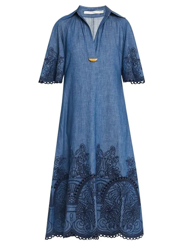 Zimmermann Coco Embroidered Denim Maxi Dress - Railway Blue