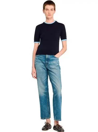 Sandro Cropped Fine Knit Sweater - Blue / Navy