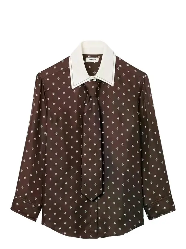 Sandro Geometric-print Tie-neck Shirt - Brown