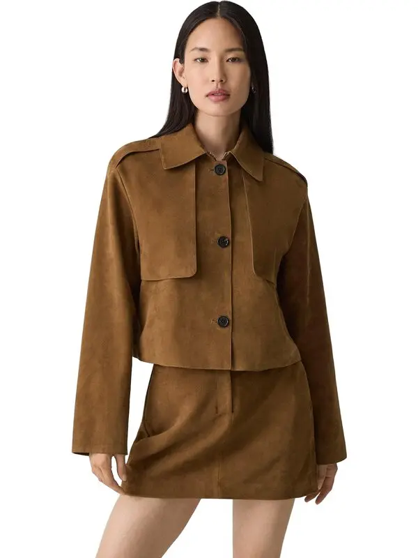 Theory Cropped Suede Trench Coat - Deep Tobacco