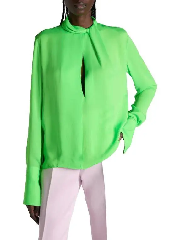 TOM FORD Keyhole Cutout Washed Silk Georgette Top - Green Flash