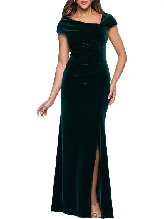 XSCAPE EVENINGS Asymmetric Neck Stretch Velvet Gown - Hunter
