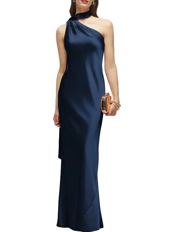 After Six Scarf Detail One-shoulder Charmeuse Gown - Midnight