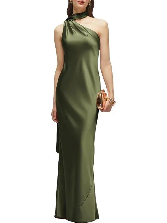 After Six Scarf Detail One-shoulder Charmeuse Gown - Olive Green