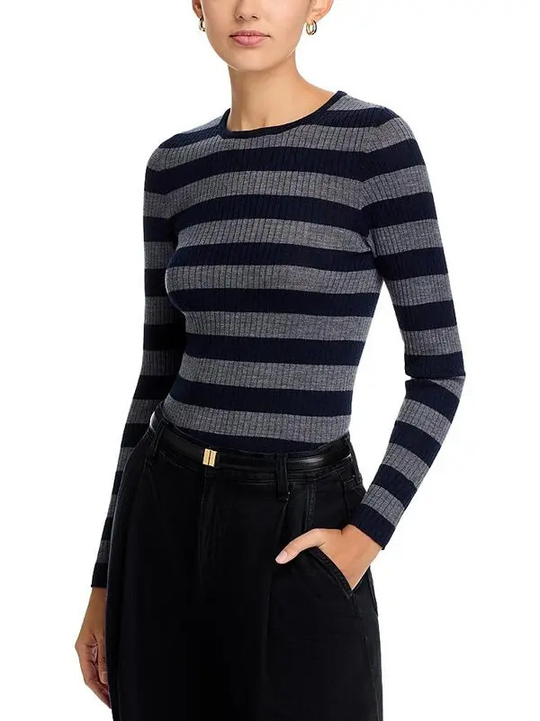 Majestic Filatures Rib Knit Striped Long Sleeve Sweater - Marine/gris Chine