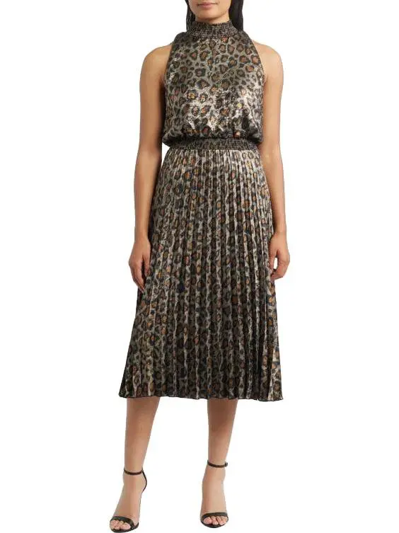 Sam Edelman Animal Metallic Pleated Sleeveless Midi Dress - Gold/bronze