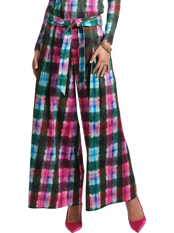 ISAAC MIZRAHI NEW YORK Printed Palazzo Pants With Tie Belt - Watercolor Tartan