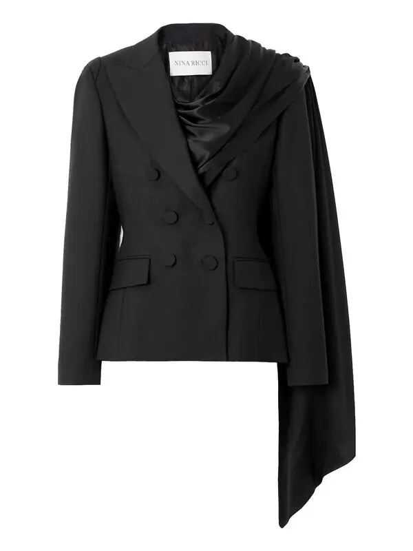 Nina Ricci Double-breasted Wool Blazer With Draped Satin Trim - Black