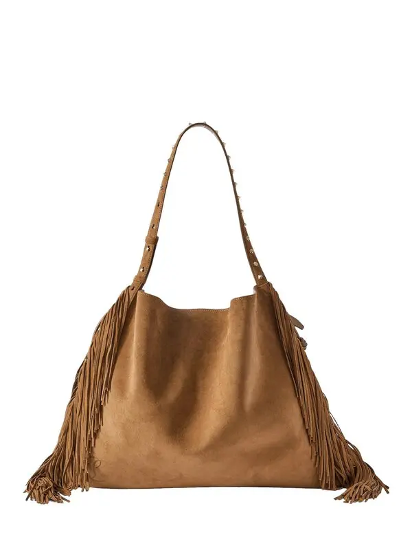 CHRISTIAN LOUBOUTIN Baggy Fringed Studded Suede Shoulder Bag - Brown