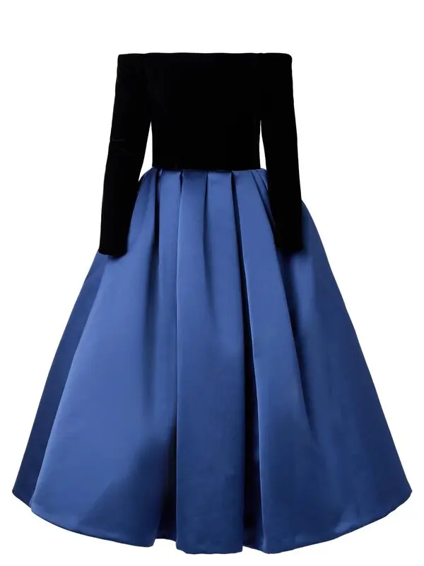 Carolina Herrera Off-the-shoulder Velvet And Pleated Satin Gown - Blue