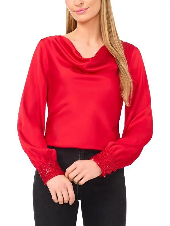 CECE DUPRAZ Sequin Cuff Charmeuse Top - Stoplight Red