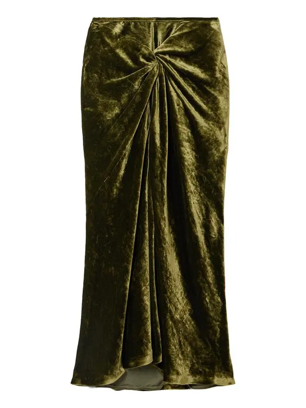 Dries Van Noten Ruched Velvet Midi Skirt - Green