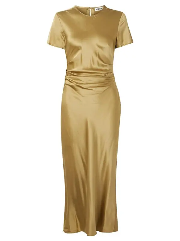 Staud Marcel Ruched Stretch-silk Charmeuse Midi Dress - Gold