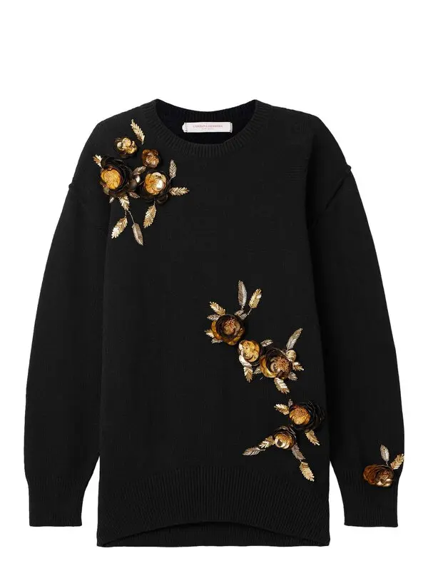 Carolina Herrera Embellished Wool And Cashmere-blend Sweater - Black