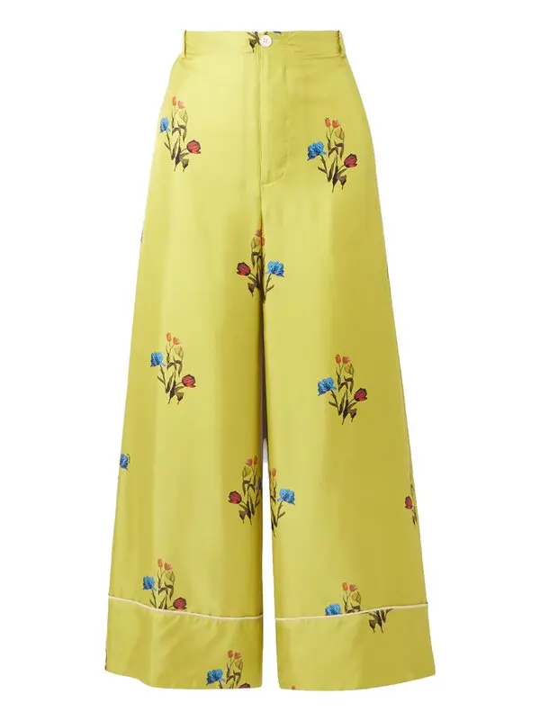 Marni Floral-print Silk-twill Wide-leg Trousers - Yellow
