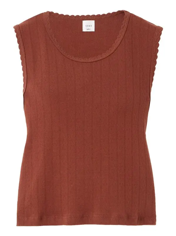 LESET Scalloped Pointelle-knit Cotton Tank - Red