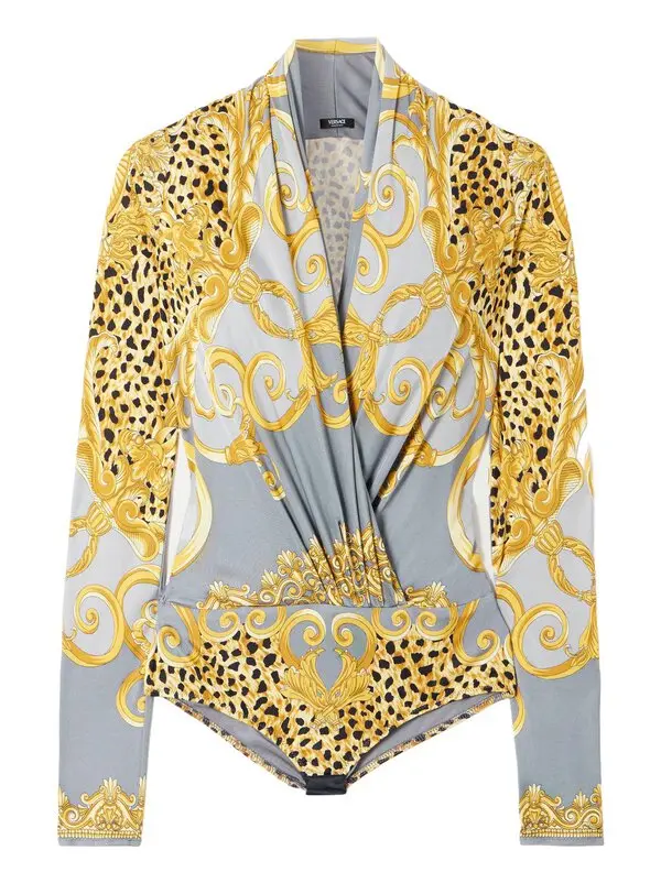 Versace Draped Printed Satin-jersey Bodysuit - Yellow