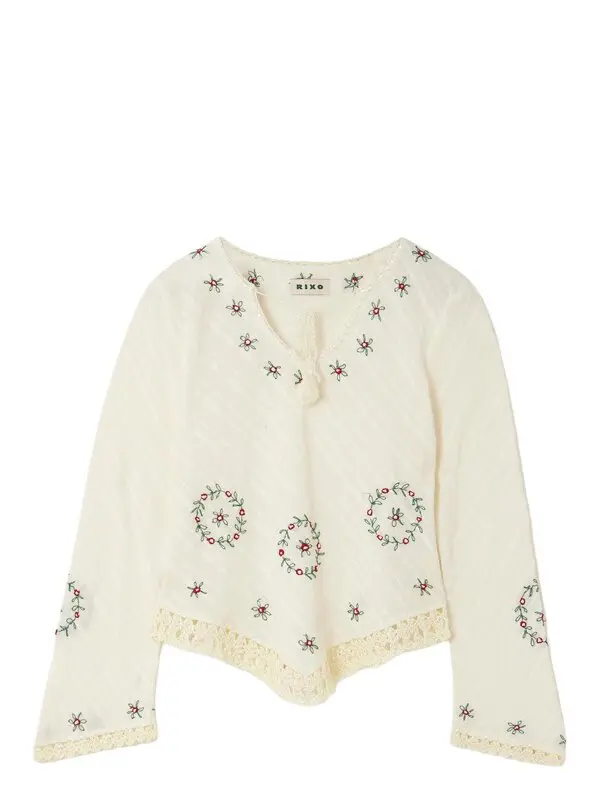Rixo Annalisa Crochet-trimmed Embroidered Cotton-seersucker Top - Cream