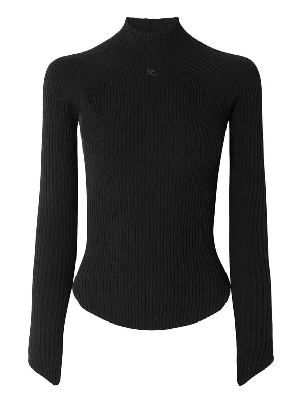 COURREGES Logo-embroidered Ribbed-knit Mock-neck Top - Black