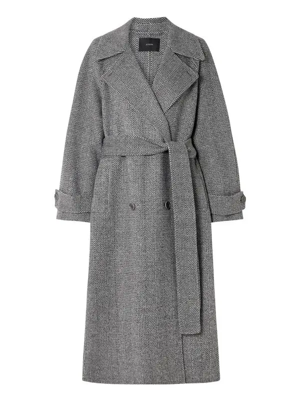 JOSEPH Navarre Belted Herringbone Wool Coat - Gray
