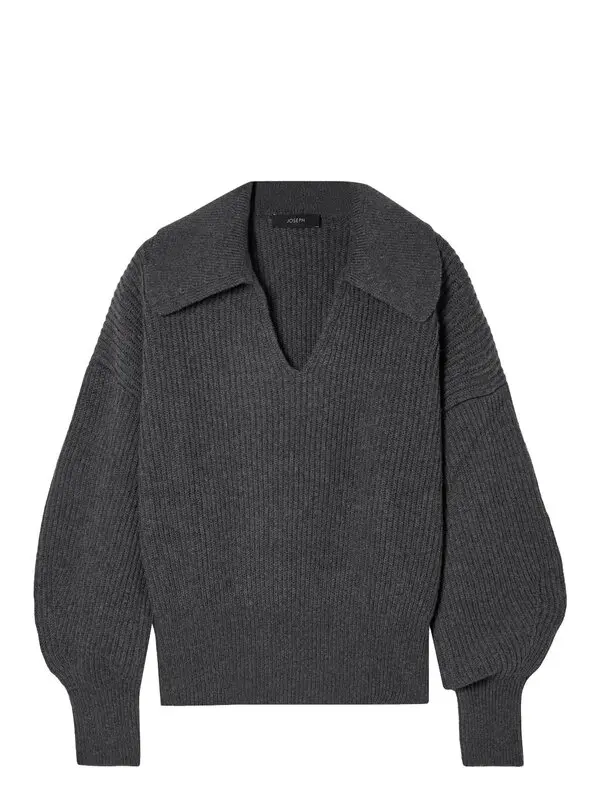JOSEPH Ribbed Wool, Silk And Cashmere-blend Polo Sweater - Gray