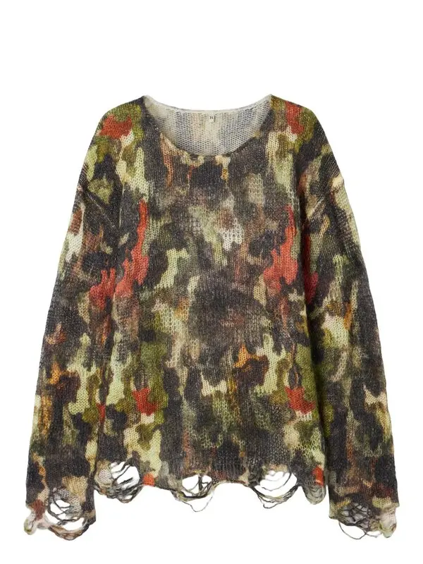 R13 Boyfriend Distressed Camouflage-print Open-knit Sweater - Green