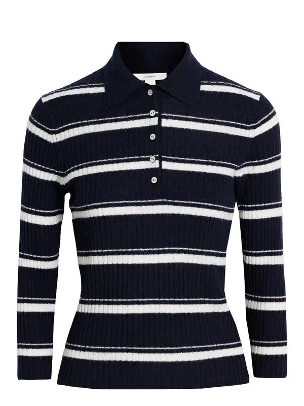Vince Striped Ribbed Cashmere-blend Polo Sweater - Navy