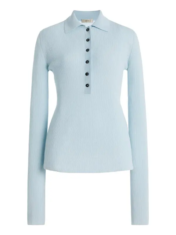 AMIYA Fitted Wool Polo Top - Light Blue