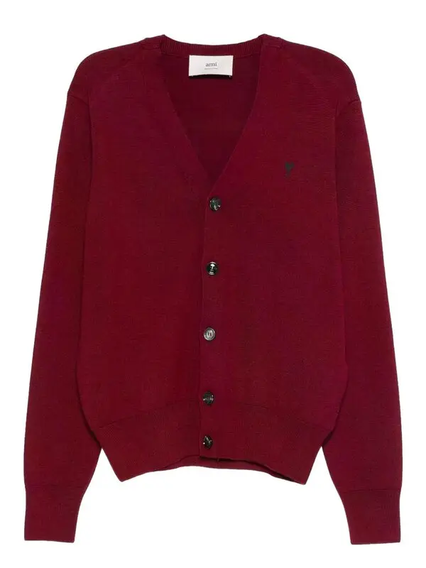 Ami Button-front Cardigan With Logo Embroidery - Red