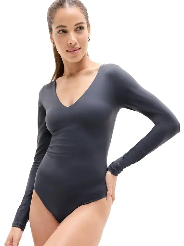 Athleta Bodymove Plunge Long-sleeve Bodysuit - Dark Rinse