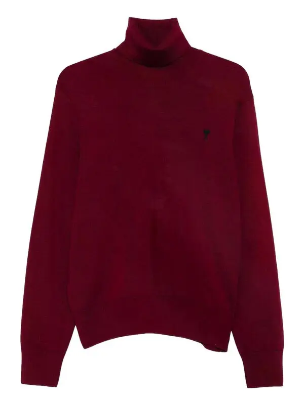 Ami Roll-neck Embroidered Sweater - Red