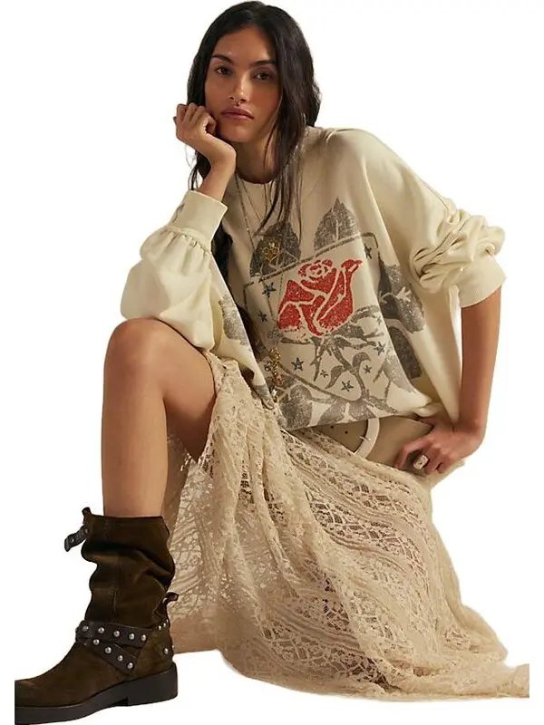 Free People Palm Spring Graphic Pullover - Ivory Combo Rose
