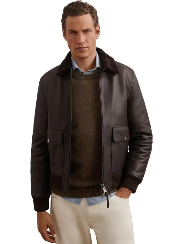 REISS Leather Shearling-collar Bomber Jacket - Brown