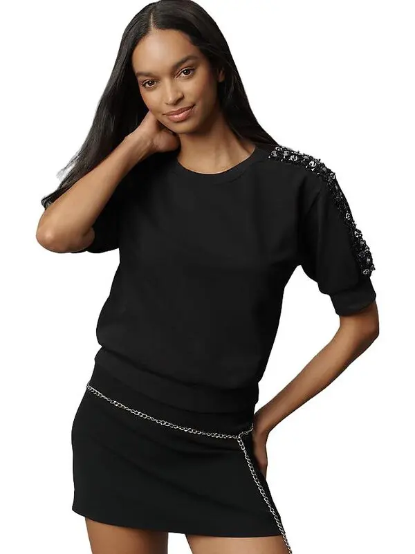 Maeve Decorated Sequin Shoulder Sweatshirt - Black