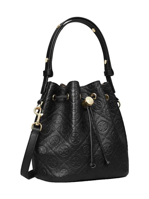 Tory Burch T Monogram Pebble Bucket Bag - Black