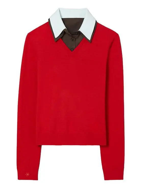 Tory Burch Layered Merino Wool Sweater - Fiery Red/frozen Blue