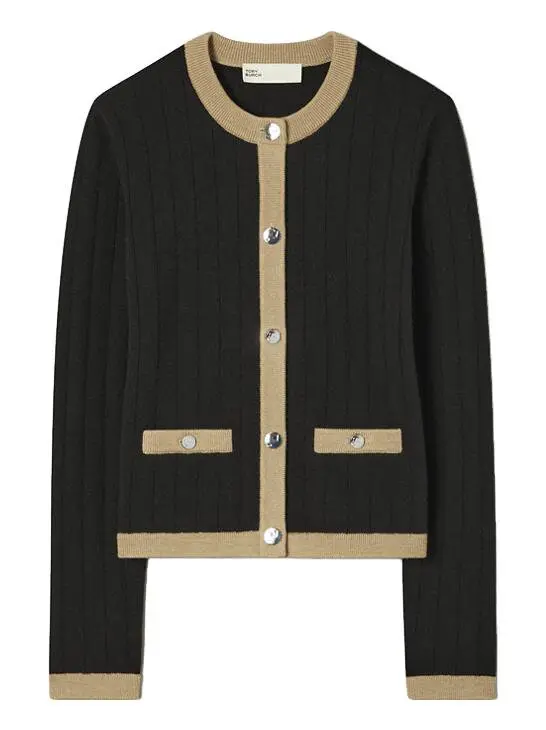 Tory Burch Cropped Merino Wool-cashmere Cardigan - Black/camel Heather