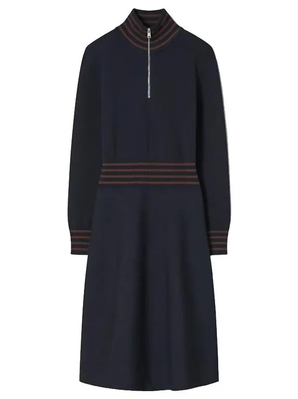 Tory Burch A-line Turtleneck Zip Dress - Medium Navy/dark Sangria