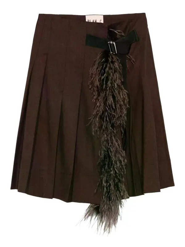 Plan C Pleated Feather-trimmed Midi Skirt - Brown