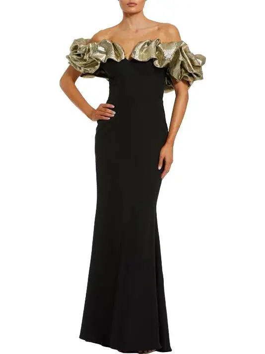 Mac Duggal Crepe Mermaid Gown With Off-the-shoulder Ruffle - Black Gold