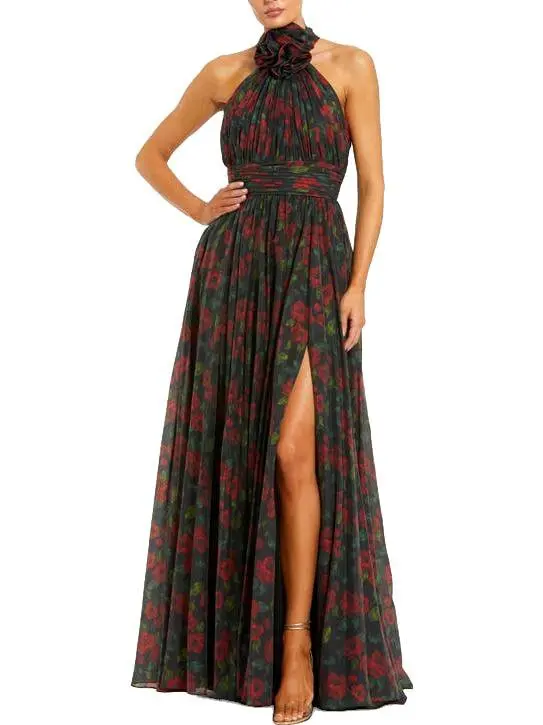 Mac Duggal Floral Chiffon Halter Neck Gown With Rosette Detail - Black Multi