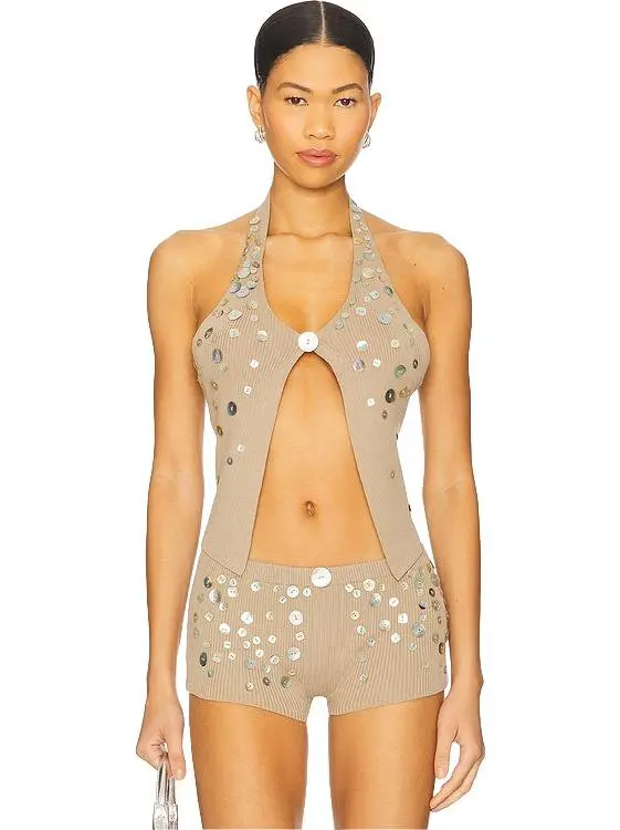 JADED LONDON Button Knit Halter Top - Beige