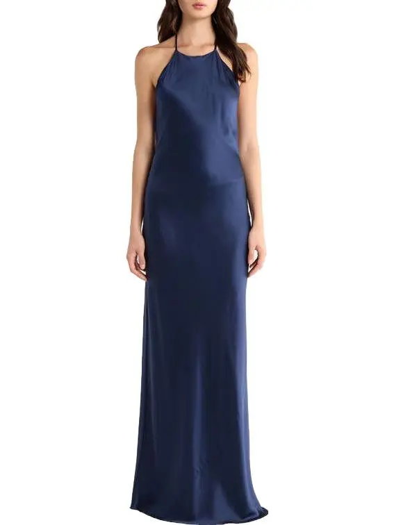 REFORMATION Jeany Silk Charmeuse Halter Dress - Navy