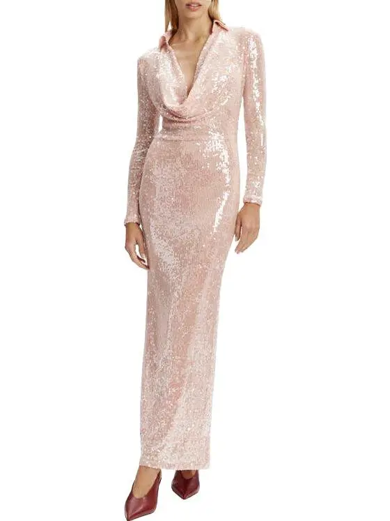 Bardot Sequin Plunge Long Sleeve Maxi Dress - Bliss Pink