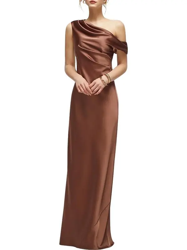 After Six Draped One-shoulder Charmeuse Gown - Cognac