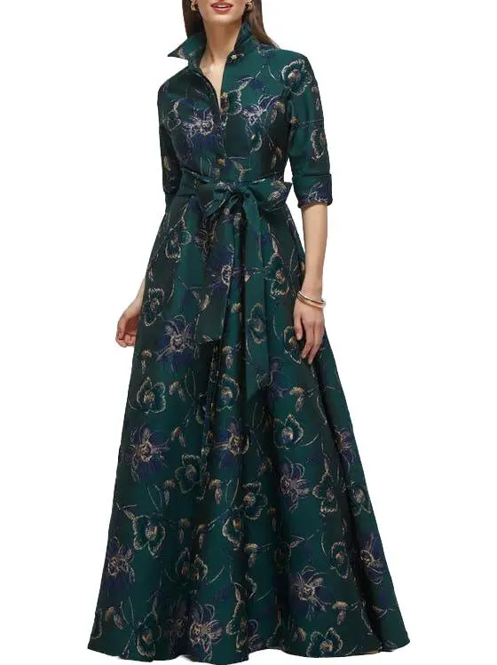 After Six Metallic Floral Jacquard Shirtdress Gown - Evergreen Floral