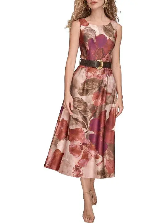 Donna Karan New York Floral Print Belted Midi Dress - Red